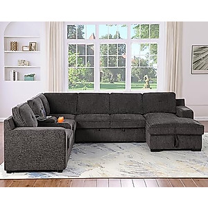 YOPTO Sectional Sleeper Sofa,Modular Couch with Pull Out Bed,Convertible L Shaped Sectionals W/Storage Chaise & Console,Cup Holder,USB & Type-C Port,Chenille Fabric,5 Seater for Living Room,Brown,120"