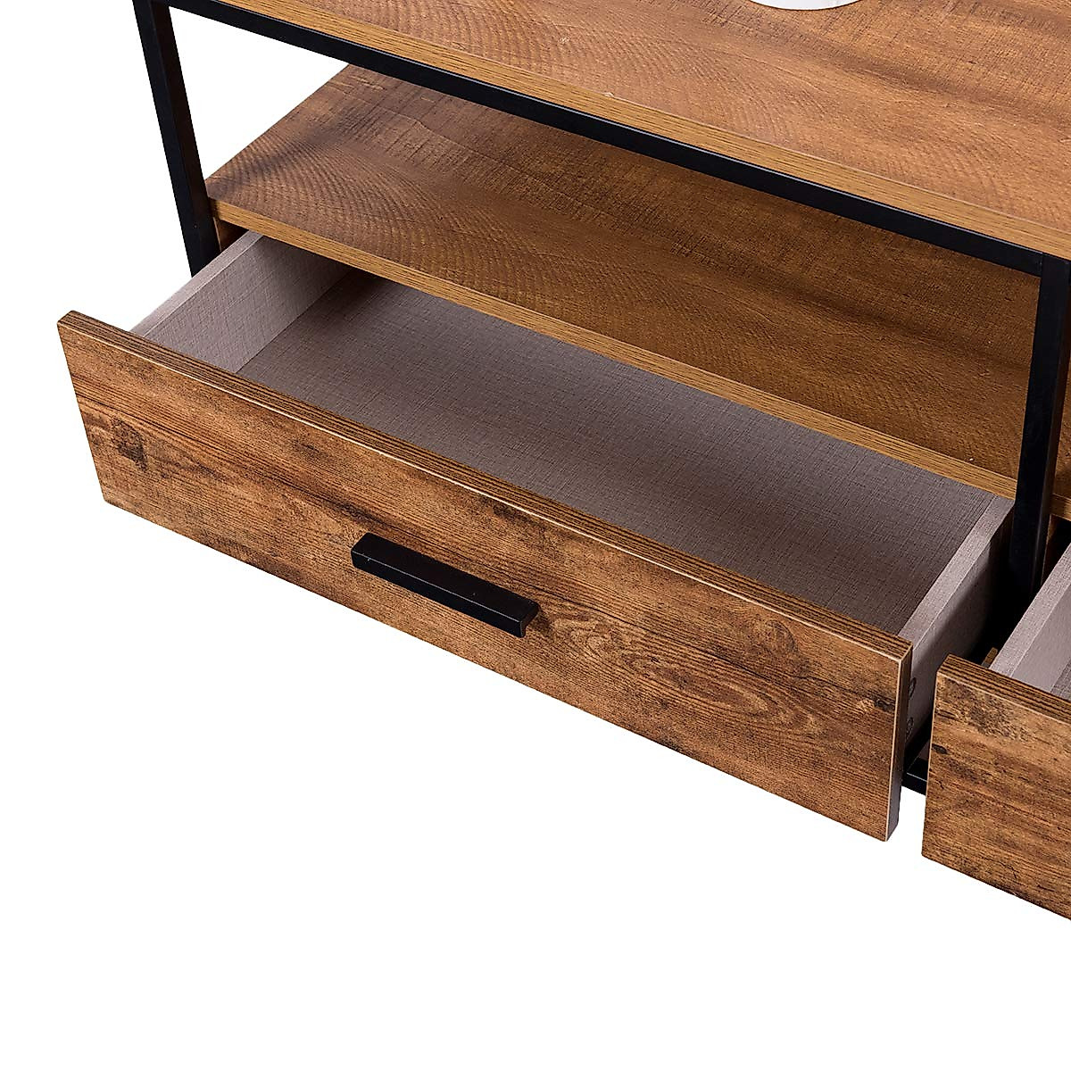 Giantex Coffee Table Two Tiers W/Drawers Storage Metal Solid Frame, Natural Wood Decorative Line Pattern, for Living Room Bedroom Accent Cocktail Sofa Side Table