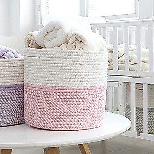 Sea Team 3-Pack Cotton Rope Basket with Handles, Woven Shelf Basket Set, Nursery Storage Bins, Kid’s Room Organizer for Toys, Clothes, 11 x 11 x 11 Inches, Mix Pink