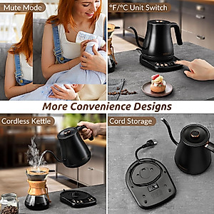 RONGBEST Electric Gooseneck Kettle, 6 Temperature Control Presets, Pour Over Kettle for Coffee & Tea, Quick Heating, Stainless Steel Inner Lid & Bottom, 1200W 1L, Matt Black