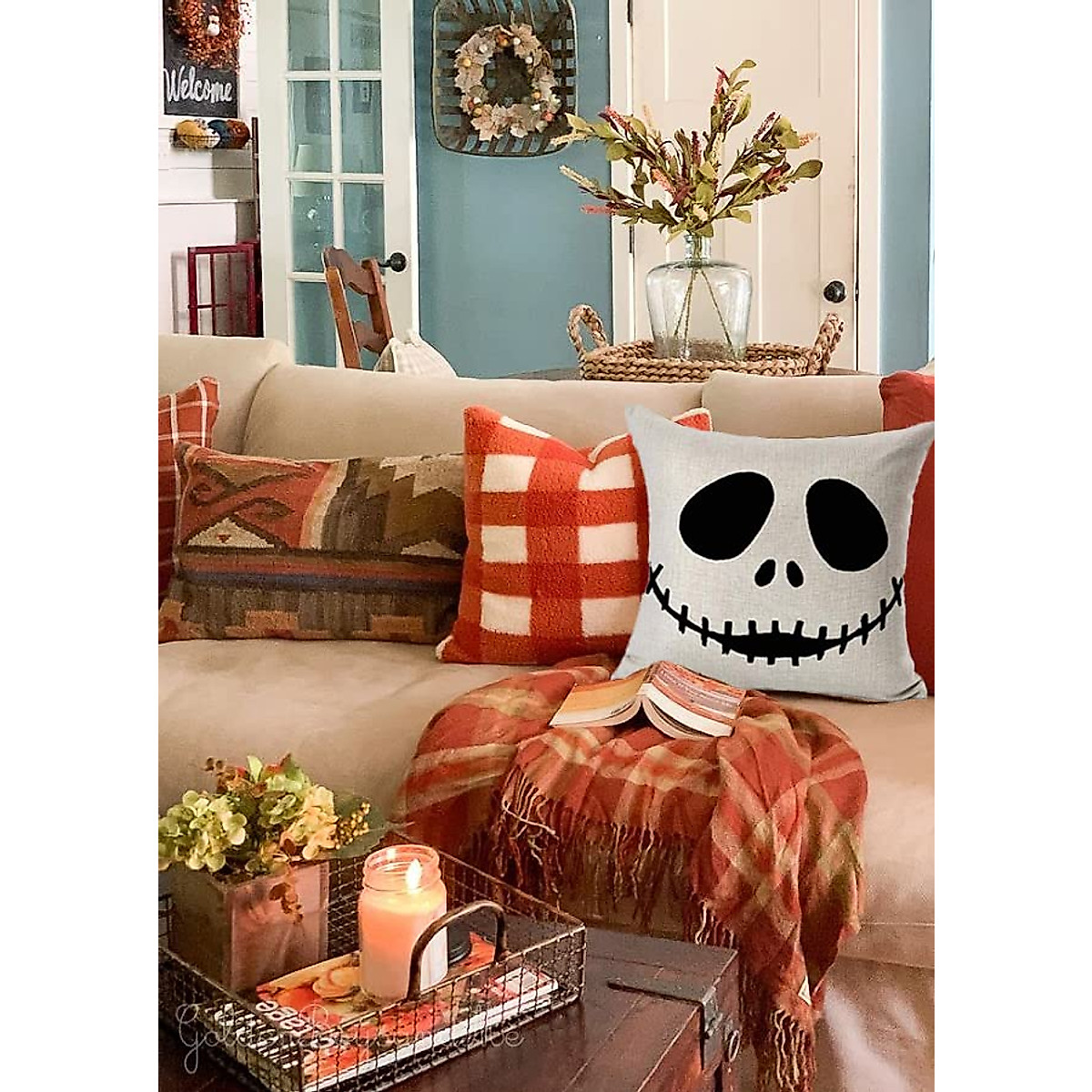 LYNZYM Cotton Linen Square Throw Pillow Case Decorative Cushion Cover Pillowcover for Sofa 18"X 18" Halloween Throw Pillow Covers (1)