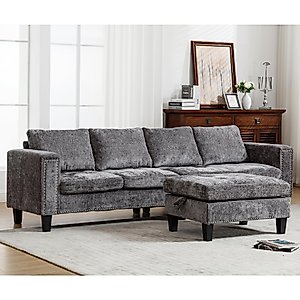 Ball & Cast 104.5" L Shaped Sectional Couch with Storage Ottoman, Chenille Upholstered 5 Seat Modular Sofa with Reversible Chaise for Living Room, Easy Assembly, Gray