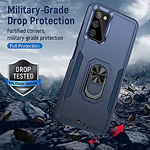 Janmitta Case for Samsung Galaxy A03s with Screen Protector+Camera Lens Protector,Heavy Duty Shockproof Full Body Protective Cover,Built in Finger Ring Stable Holder Kickstand,2022 Navy Blue