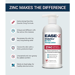 EASE-Z Diabetic Lotion for Dry Skin. Clinically Proven ingredients and ZINC relieve dryness, reduce redness, and calm itching. With Shea Butter. Fast-Acting, Long-Lasting. 10.9 oz
