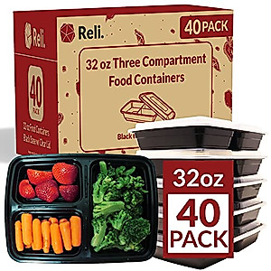 Reli. Meal Prep Containers, 32 oz. | 40 Pack | 3 Compartment Food Container w/Lids| Microwavable Food Storage Containers/To Go | Black Reusable Bento Box/Lunch Box Containers for Food/Meal Prep