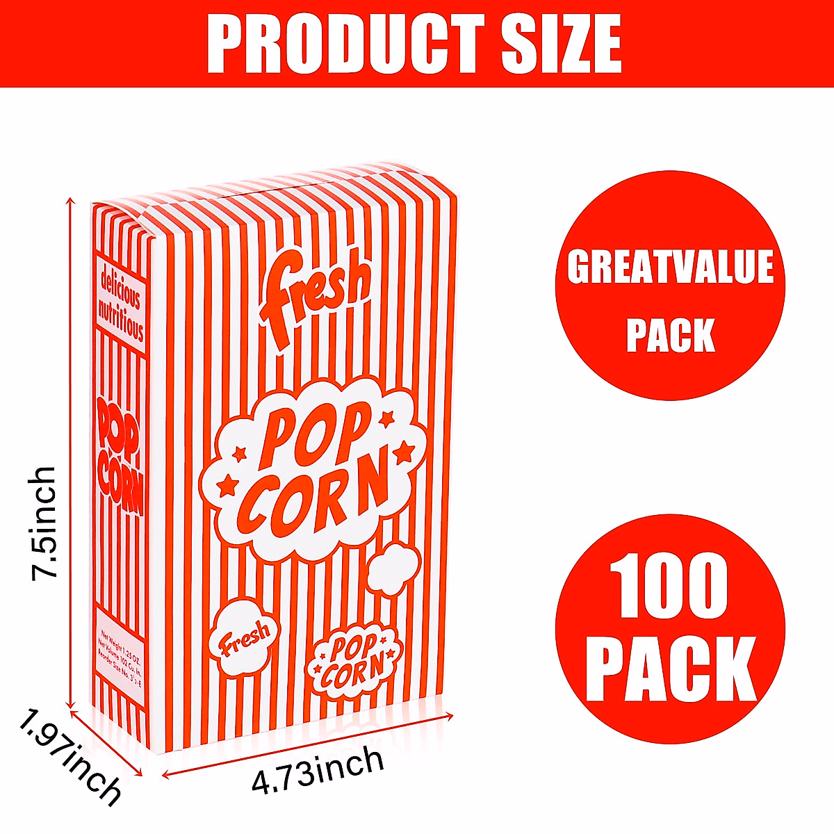 Dualshine 100 Pack Popcorn Boxes,1.25 oz Paper Popcorn Containers,Red and White Striped Close-Top Cardboard Pop Corners Bags Individual Servings for Theater Night Movie,Party,Christmas