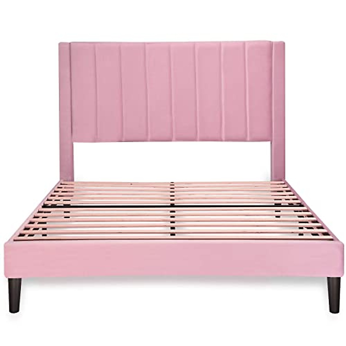 SHA CERLIN Full Size Vertical Channel Platform Bed Frame/Velvet Upholstered Bed Frame with Headboard/Strong Wood Slats Support/Mattress Foundation/No Box Spring Needed/Pink