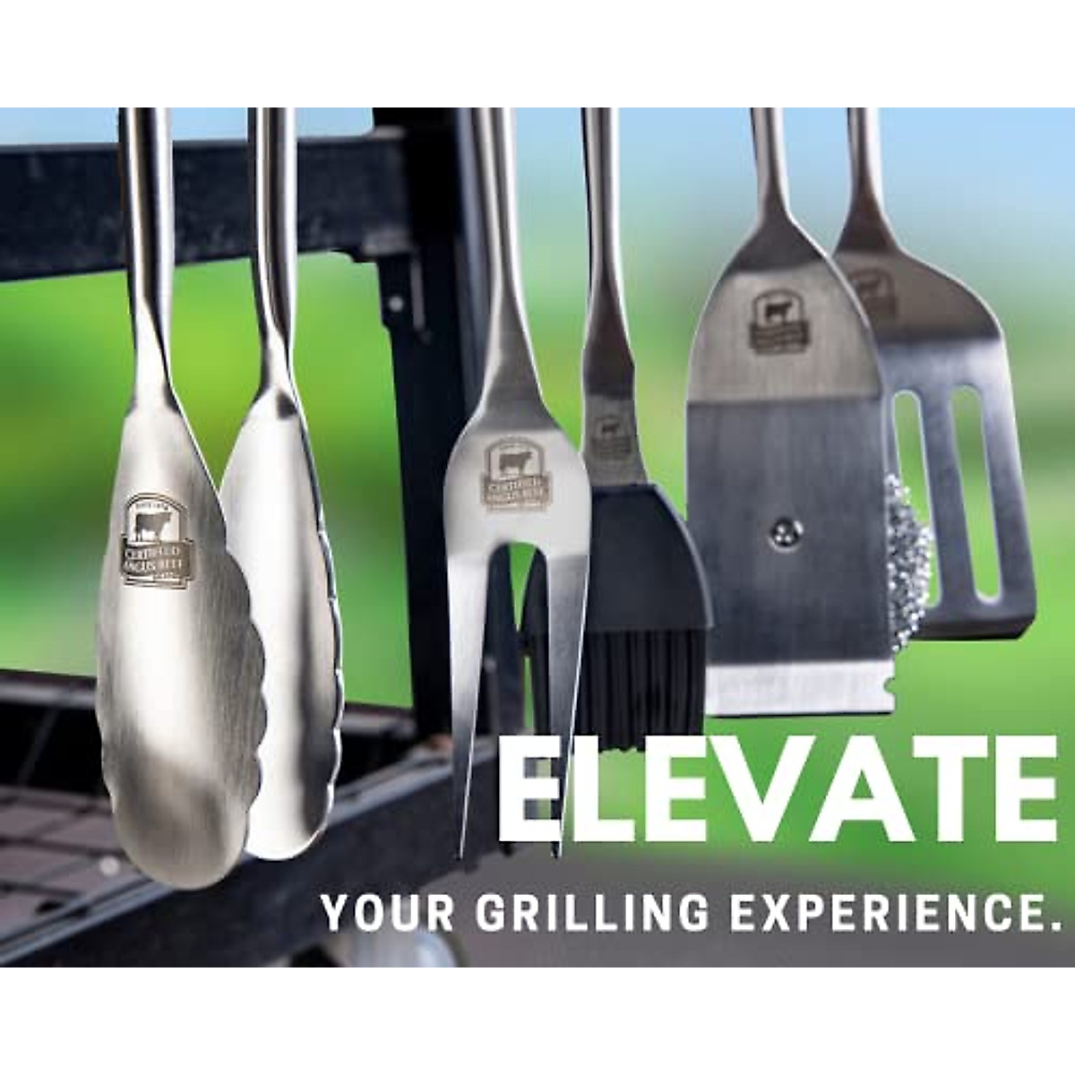 Certified Angus Beef Premium Grilling Set - 5 Piece Heavy Duty Stainless Steel Grill Tool Set with Pakkawood Handles for BBQ Accessories, Tailgating, and Smoker Accessories