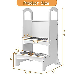 TLGREEN Kids Kitchen Step Stool, Wooden Toddler Tower Kitchen Helper, Toddler Step Stool, Montessori Learning Tower with Support Handles and Non-Slip Mat for Kitchen, Bedroom, White