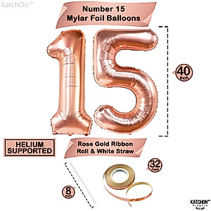 KatchOn, Rose Gold 15 Balloons Number - Giant, 40 Inch | 15 Birthday Balloons with Confetti for Happy 15th Birthday Decorations for Girls | Quinceanera Decorations | 15 Birthday Decorations for Girls