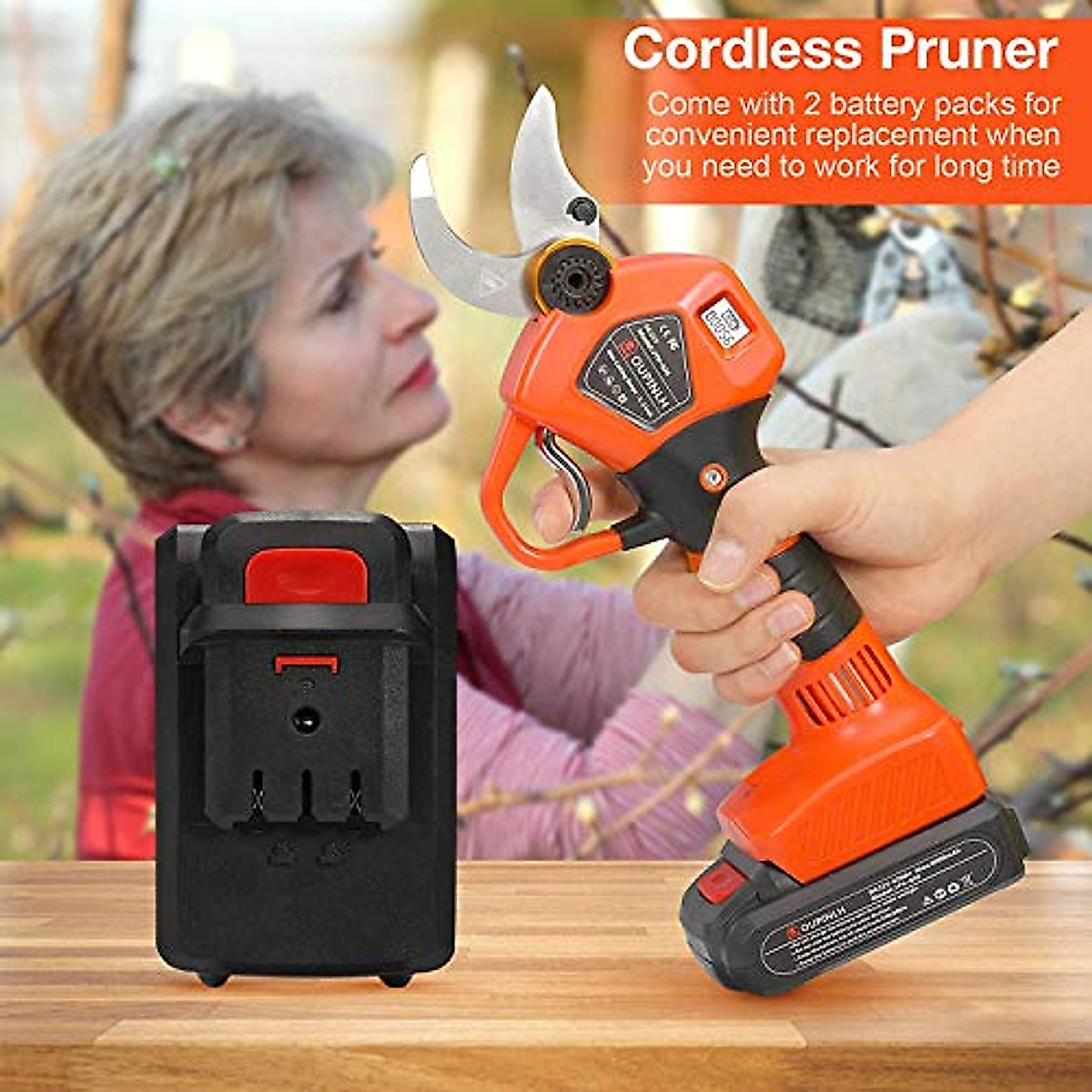 OUPINLH Electric Pruning Shears with 2PCS 21V Lithium Battery 2000mAh,1.2Inch(30mm) Cutting Diameter Cordless Battery Powered Pruner with LCD Display for Garden Branch,6-8 Working Hours