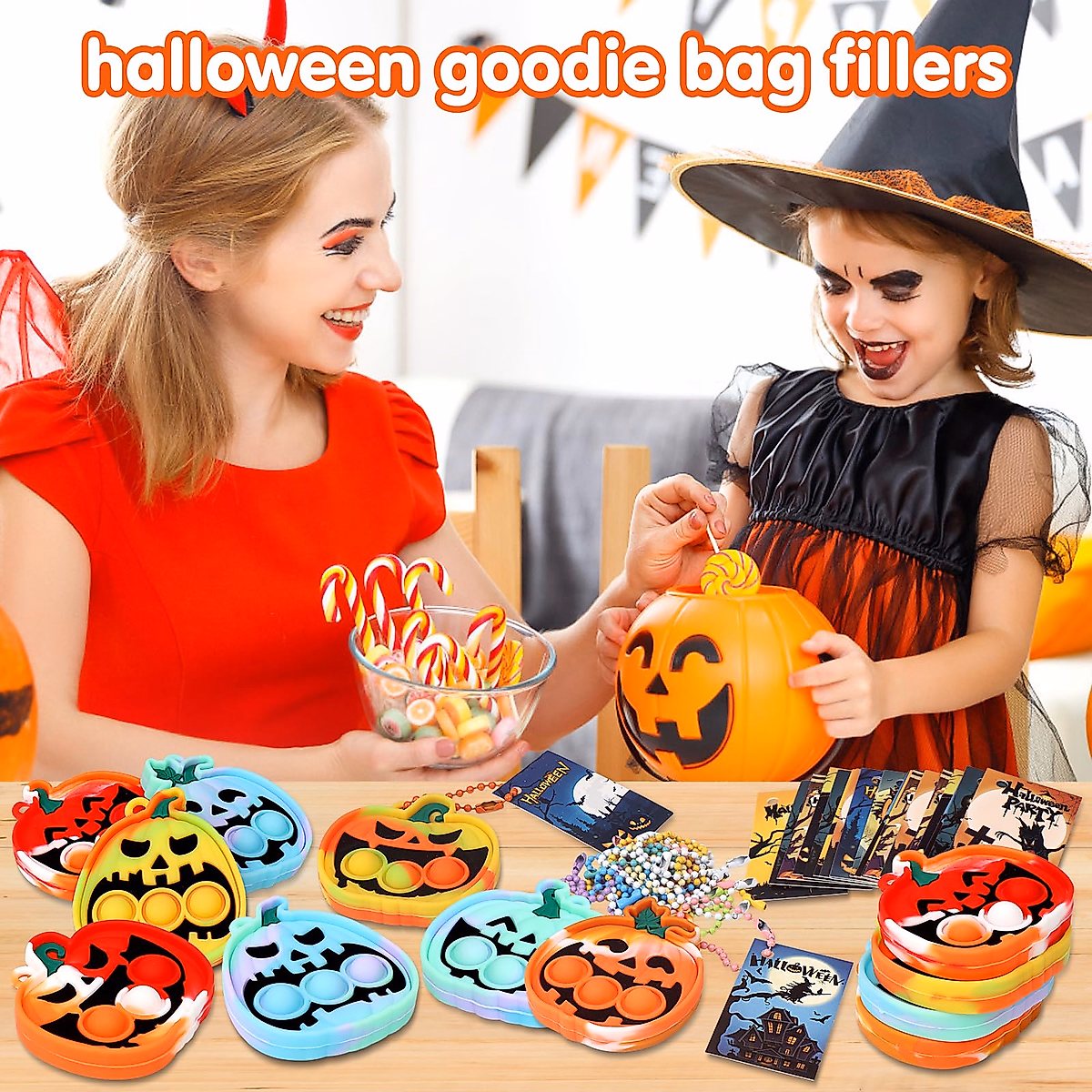 Halloween Party Favors for Kids,24 PCS Halloween Pumpkin Pop Fidget its Toys Keychain,Halloween Toys Treats for Kids,Halloween Goodie Bag Stuffers,Halloween Classroom Prizes