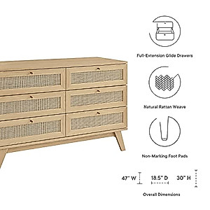 Modway Soma 6-Drawer Double Dresser in Oak, 18.5 x 47 x 30