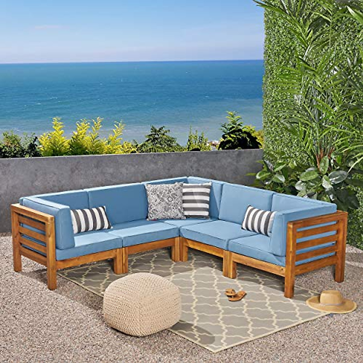 Great Deal Furniture Dawson Outdoor V-Shaped Sectional Sofa Set - 5-Seater - Acacia Wood - Outdoor Cushions - Teak and Blue