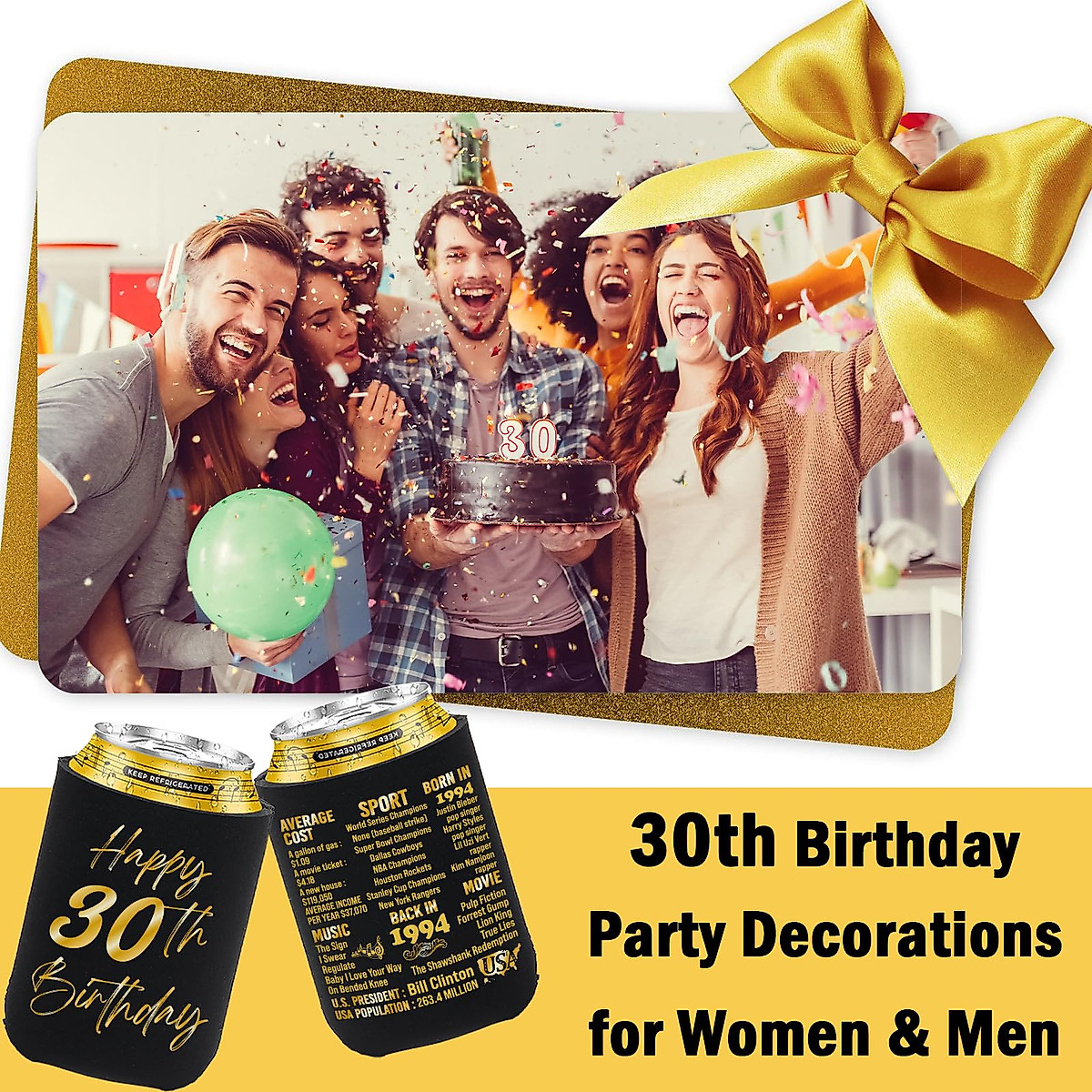BackURyear 30th Birthday Decorations for Men Women, Him 30th Birthday Party Supplies, Her 30 Years Old Birthday Decor, Back in 1994- Turning Thirty, Can Cooler Sleeves, Black&Gold/12 Pcs