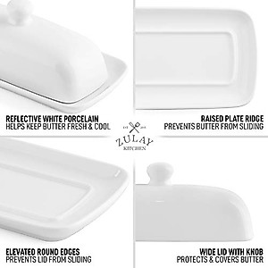 Zulay Porcelain White Butter Dish With Lid For Countertop - Classic Style Ceramic Butter Dishes With Lid & Knob Handle - Standard Butter Holder for Storing 1 Western Or Eastern Butter Stick