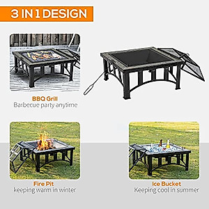 Outsunny 30" Outdoor Fire Pits, Square Steel Wood Burning Fire Pits with Spark Screen, Cooking Grill and Log Poker, Camping Fire Pit for Backyard, Patio
