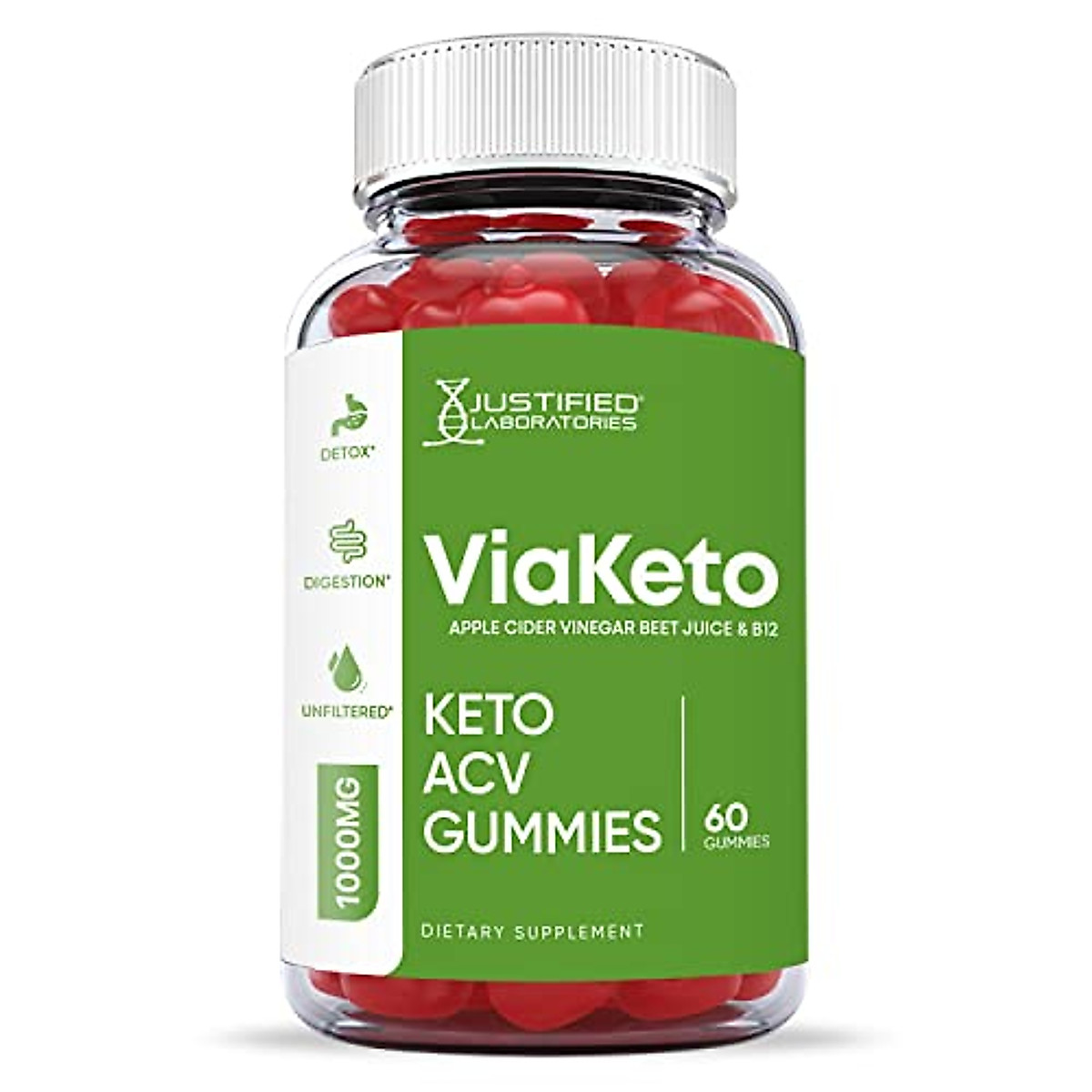 Justified Laboratories (5 Pack) Viaketo Keto Gummies 1000MG Via Keto ACV with Pomegranate Juice Beet Root B12 300 Gummys