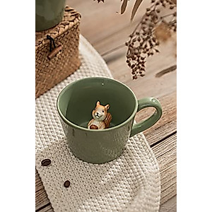 DIHOclub Squirrel Ceramic Cup Hidden 3D Animal Inside Mug,Cute Cartoon Handmade Figurine Mugs,Holiday and Birthday Gift for Coffee Milk Tea Lovers,12 OZ(Light Green)