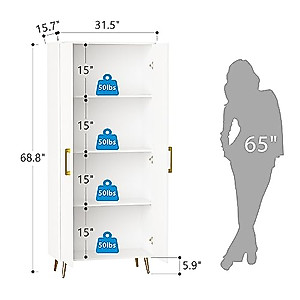 NOVAMAISON White Storage Cabinet 69” Tall - Storage Cabinet w/ 2 Doors and Adjustable Shelves, Freestanding Kitchen Pantry w/Gold Handles and Legs, Wooden Wardrobe Cabinet for Bedroom, Laundry