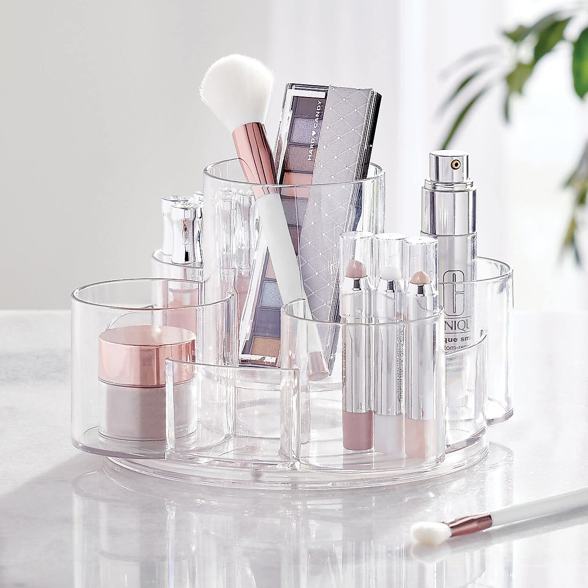 mDesign Spinning Lazy Susan Makeup Turntable Storage Center - 9 Sections - Rotating Organizer for Bathroom Vanity Counter Tops, Dressing Tables, Cosmetic Stations, Dressers - Lumiere Collection, Clear