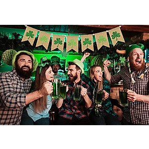 Whaline St. Patrick's Day Banner with Wooden Beads Glitter Green Shamrock Garland Burlap Banner Pre-Assembled Wooden Beads Clover Banner Fireplace Wall Hanging for Party Home Decoration