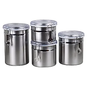 Creative Home Set of 4 Pieces Stainless Steel Kitchen Storage Jar Container Canister with Clear Airtight Lid and Locking Clamp for Food, Cookie, Flour, Sugar, Tea, Coffee Storage