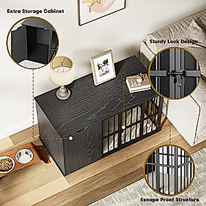Dog Crate Furniture End Table, Wooden Dog Kennel with Cushion, Decorative Pet Crate House Cage Indoor for Small Medium Dogs, Black