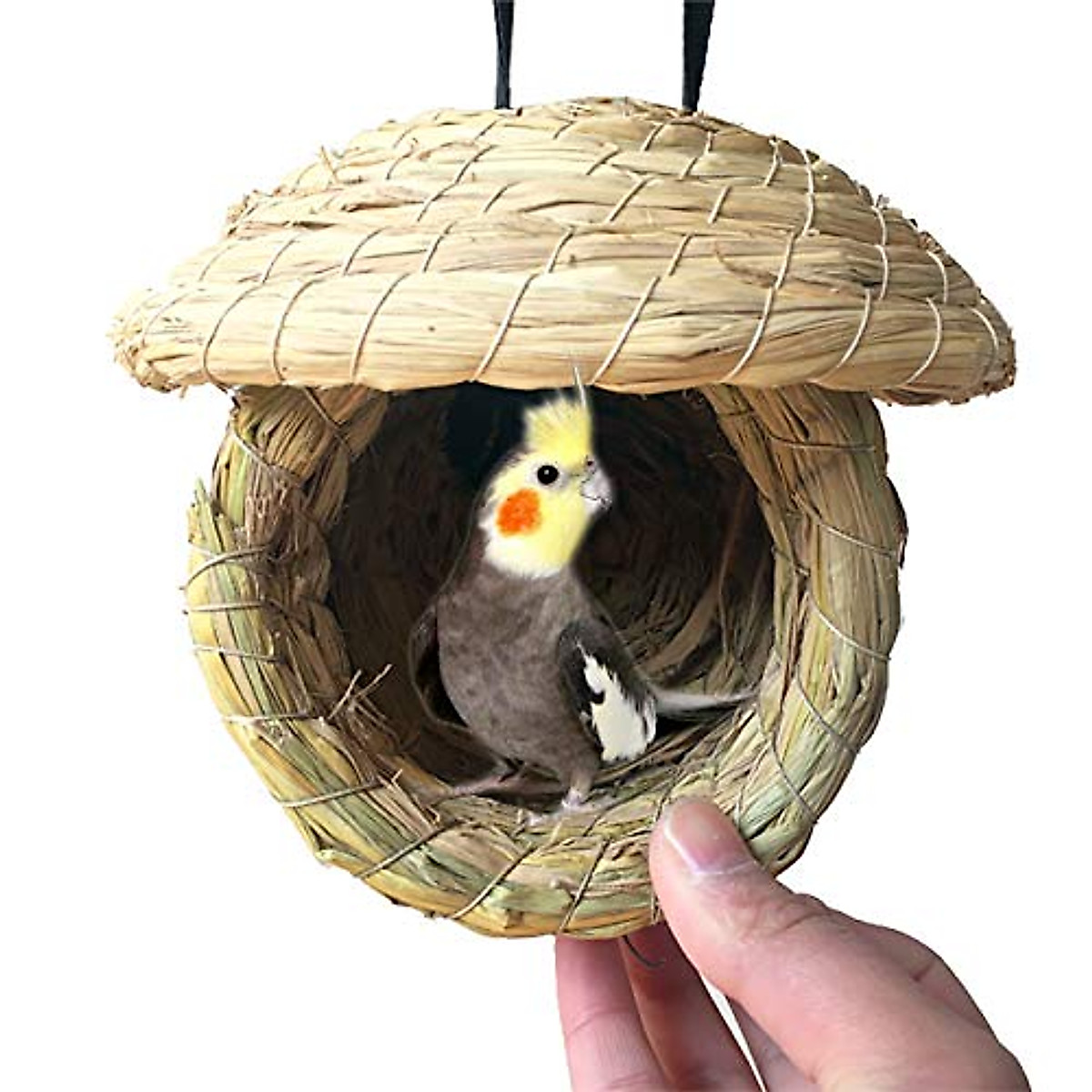 LINGNI Birdcage Straw Simulation Birdhouse, Resting Breeding Nest Hut for Birds, Birds Shelter from Bad Weather, Bird Hideaway from Predators, Birdhouse for Parrots, Parakeet, Conures, Cockatiel