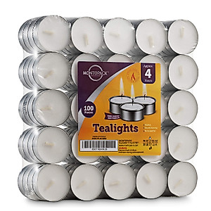 MontoPack Unscented Tea Lights Candles in Bulk | 100 White, Smokeless, Dripless & Long Lasting Paraffin Tea Candles | Small Votive Mini Tealight Candles for Home, Pool, Shabbat, Weddings & Emergencies