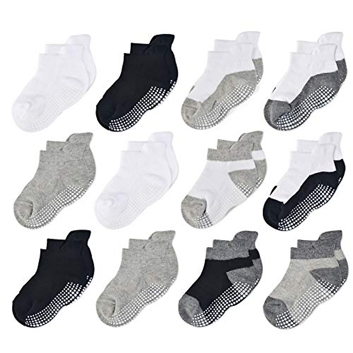EPEIUS Baby Socks with Grips Cotton Breathable Mesh Infant Girls/Boys Non Slip/Skid Socks for 6-12 Months,12 Pairs Pack,Mixed Color,Black and White and Grey