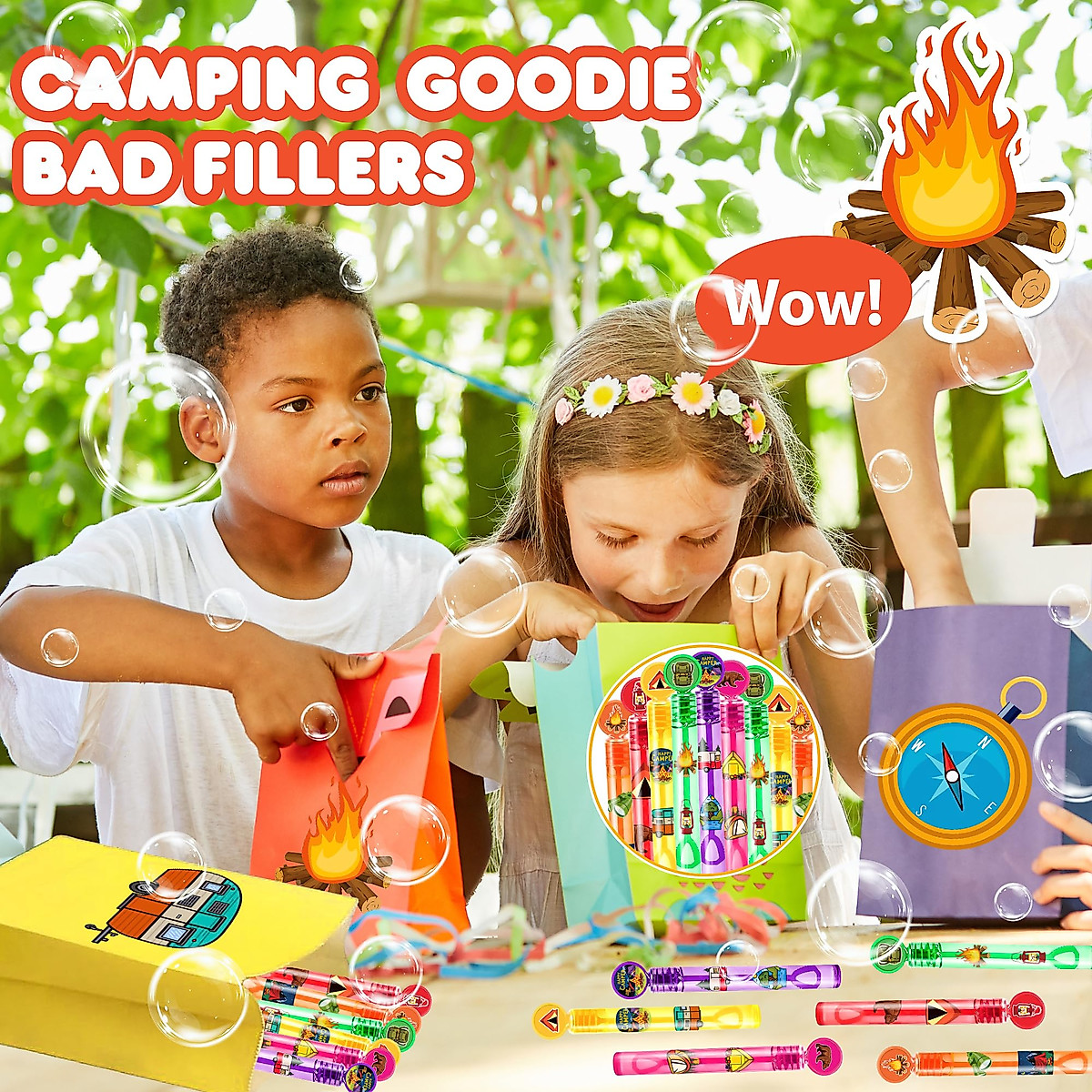 24PCS Camping DIY Bubble Wands Party Favors 96PCS Stickers for Goodie Bag Fillers Pinata Stuffers, Mini Bubble Bulk Happy Camper Birthday Party Supplies Toys Gifts Class Prizes for Toddlers Boys Girls