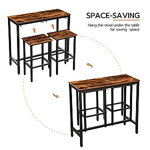 HOOBRO Bar Table Set, Bar Table with 2 Bar Stools, Hang Bar Chair Under Bar Table, 3 Piece Dining Table Set for Kitchen, Living Room, Saving Space, Sturdy Metal Frame, Rustic Brown BF54BT01