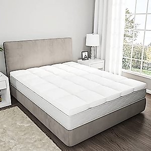 Down Mattress Topper- Queen Size-4” Gusset Duck & Down Filled Featherbed with Cotton Cover-Plush Pillow Top for Extra Cushion & Support by Lavish Home White