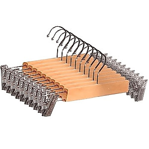 10 PACK Wooden Skirt Hangers with Clips - Smooth Finish Solid Wood Pants Hangers with clips - Natural Wood Color - Clip Hanger for Pant, Skirts, Slacks