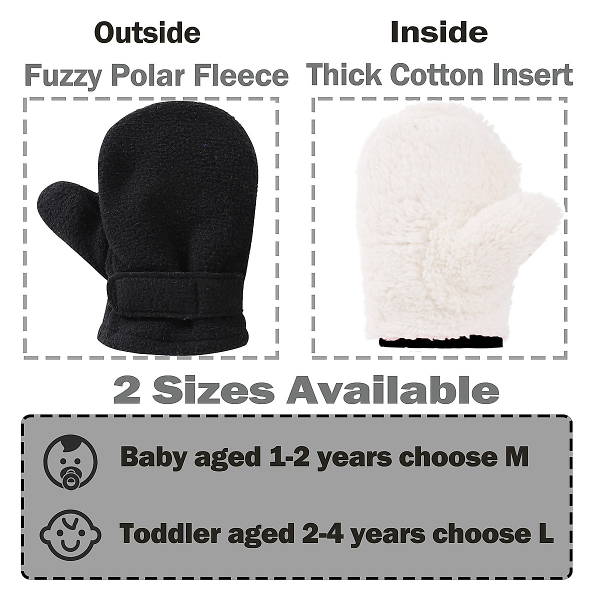 Baby Mittens Toddler Boys Girls Winter Outdoor Gloves Kids Easy-On Fleece Warm Mittens Black Gray Navy 3 Pairs L（2-4 years）