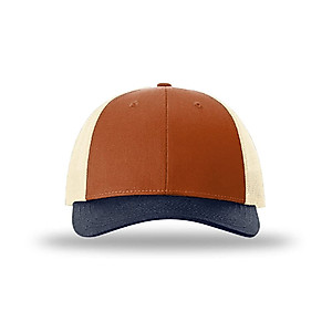 Richardson 115 Low-Profile Classic Trucker Snapback Hat Bundle with THP Hat & Clothing Brush (Dark Orange/Birch/Navy)