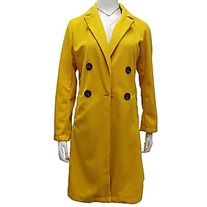 Women Duffle Coat Mid-Length Jacket Plus Size Double-Breasted Solid Color Notch Lapel Pocket Cardigan Windbreaker Trench Overcoat(A Yellow,2XL)