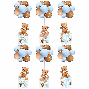 Lenwen 6 Sets Blue Bear Decorations for Baby Shower, Baby Letter Boxes Baby Shower Table Centerpieces Bear Stuffed Animals Balloon with Stand Bear Plush Toy Baby Boxes for Birthday Party Wedding