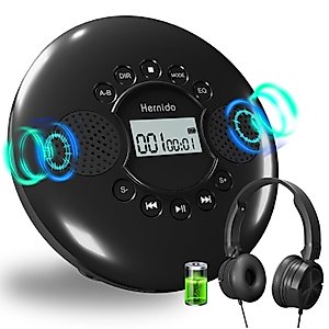 CD Player Portable, Hernido Portable CD Player for Car with Stereo Speakers, Rechargeable Walkman CD Player with Headphone, AUX, USB, Anti-Skip/Shockproof Discman for Home/Traval