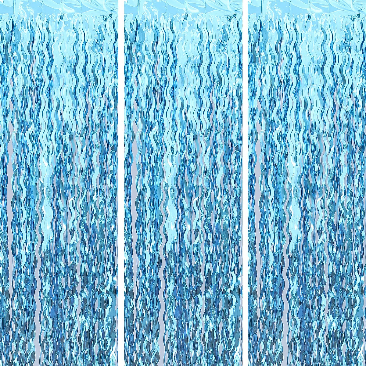 Wavy Tinsel Foil Fringe Curtain Photo Booth Props for Mermaid Birthday Under The Sea Party Decorations (3 Pack 3.2 ft X 6.6 ft Teal Blue)
