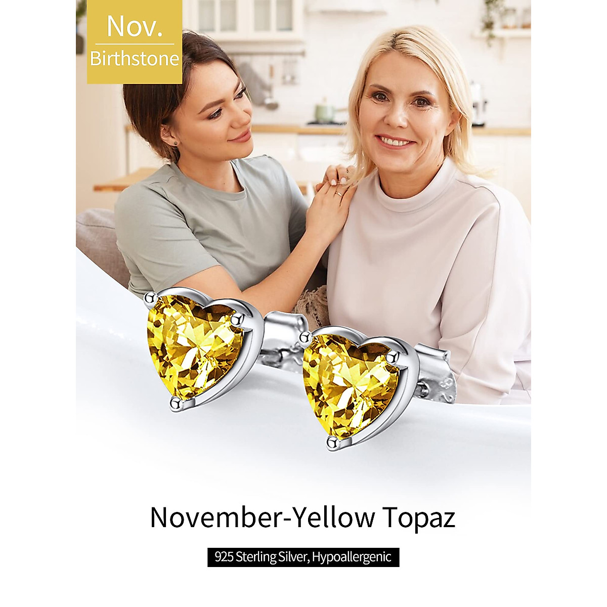 Women Earrings Hypoallergenic 925 Sterling Silver Love Heart Earrings Studs Champagne Crystal Topaz November Birthstone Rhinestones Crystal CZ Stud Earrings for Sensitive Ears