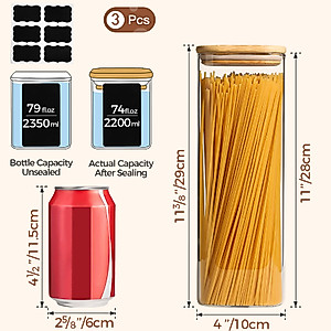 ComSaf Glass Spaghetti Pasta Storage Containers with Lids 74oz Set of 3, Tall Clear Airtight Food Storage Jar with Bamboo Lid for Noodles Flour Cereal Sugar Beans, Sqaure Spaghetti Pantry Container