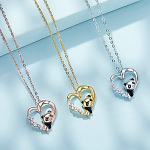 RUKYF 925 Sterling Silver Panda Necklace for Women Cubic Zirconia Heart Cute Animal Pendant Jewelry Unique Gifts for Women Girlfriend