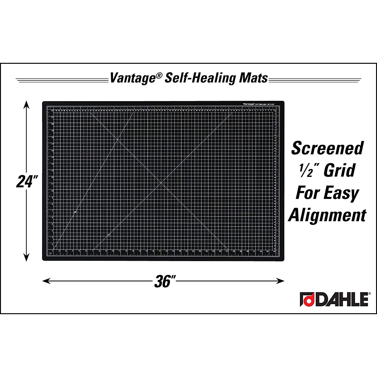 Dahle Vantage 10673 Premium Self-Healing Cutting Mat, 24"x36", 1/2" Grid, 5 Layers for Max Healing, Perfect for Crafts & Sewing, Black