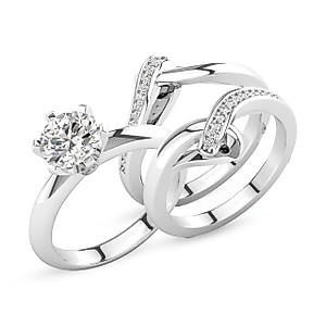 Wedding Ring Set for Women Bridal Ring Set 1 Carat Center Moissanite Engagement Ring Set 3 Piece Wedding Ring Sets for Her Platinum Plated Silver Anniversary Promise Rings size7