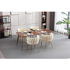 Homtique Dining Chairs Set of 2 Modern Velvet Woven Accent Chair with Gold Metal Legs,Luxury Upholstered Armchair Side Chair for Kitchen Vanity Living Room Bedroom (Cream)