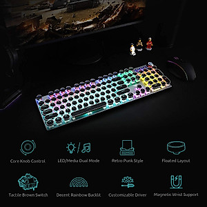 AULA F2088 Typewriter Style Mechanical Keyboard,Rainbow LED Backlit,Tactile Brown Switches,Removable Wrist Rest,Media Control Knob,Retro Round Keycaps,USB Wired PC Game Keyboard