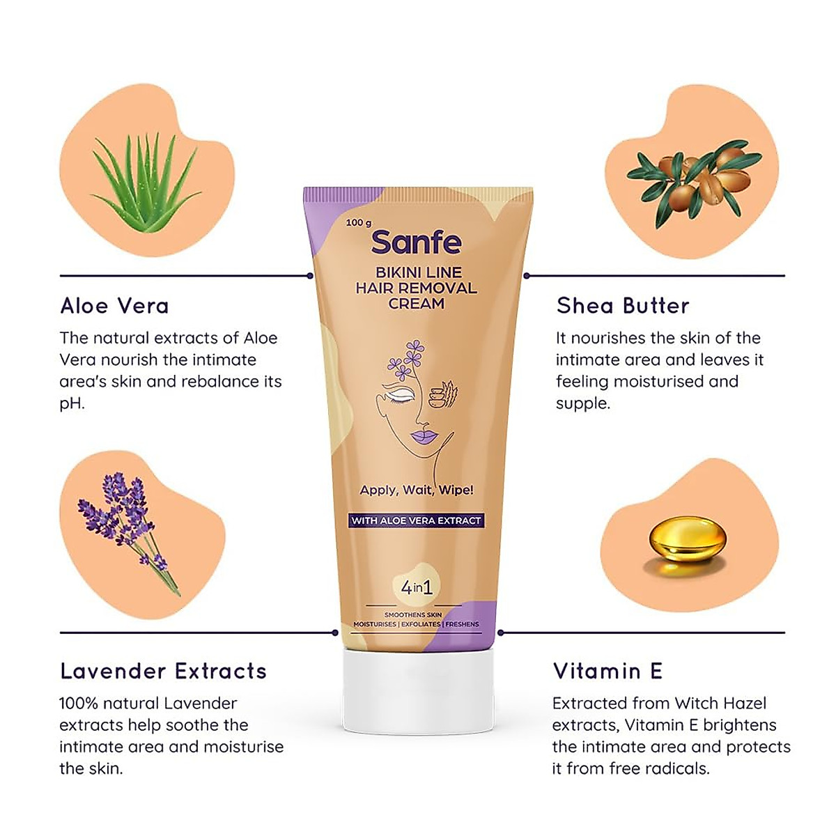 Sanfe Bikini Line Hair Removal Cream with Spatula and Intimate Wipes - 100g - Natural and Safe for sensitive skin - Lavender, Aloe Vera, Shea Butter