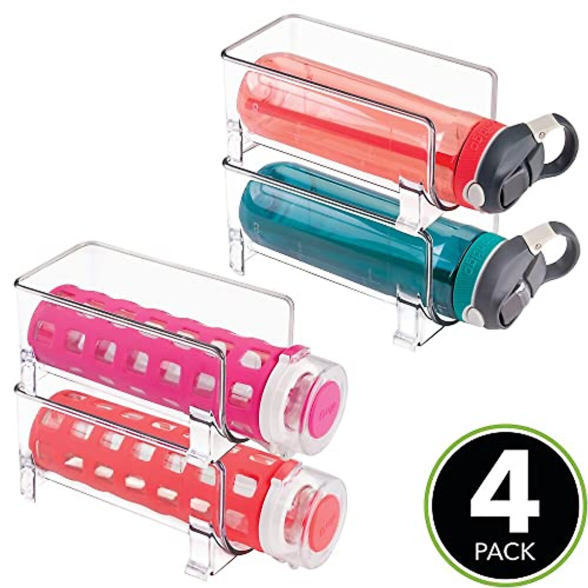 mDesign Plastic Free-Standing Water Bottle Holder Storage Organizer, Wine Rack for Kitchen Countertops, Table Top, Pantry, Fridge - Stackable, Each Rack Holds 1 Bottle, 4 Pack - Clear